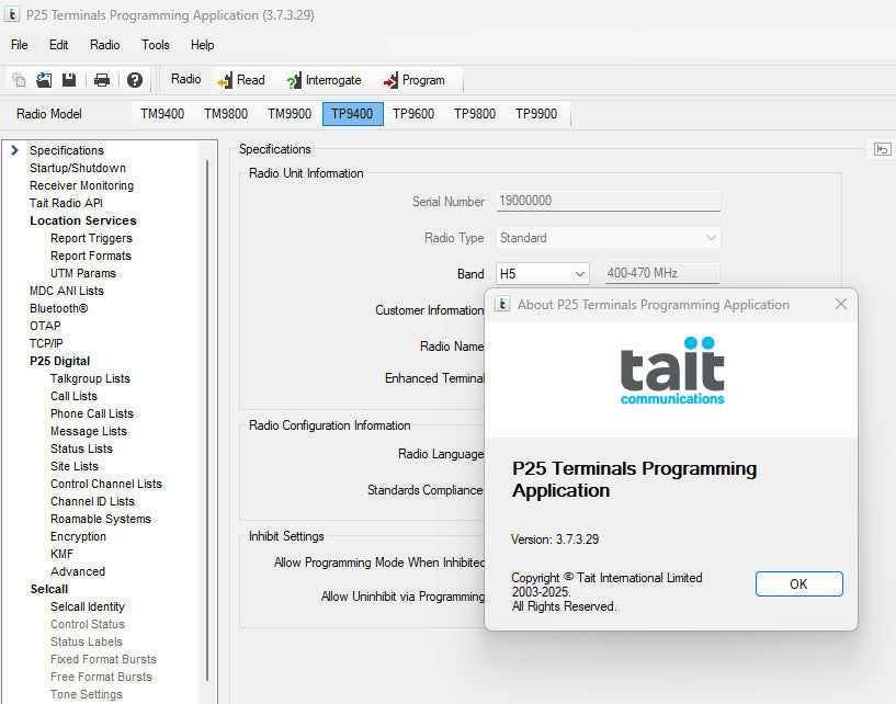 Tait Programming Software - TM9100 9100 9400 9800 TP9400 9600 9800 P25 ...